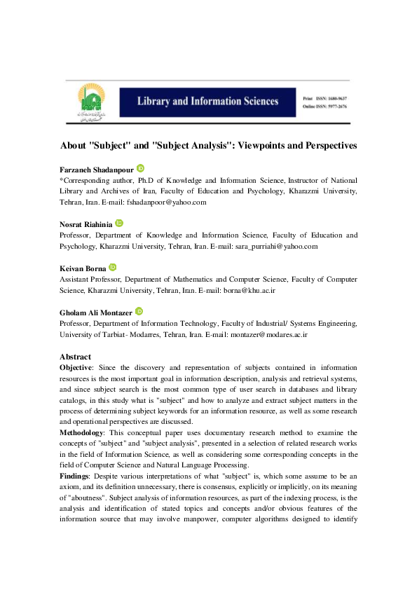 (PDF) About "Subject" and "Subject Analysis": Viewpoints and Perspectives