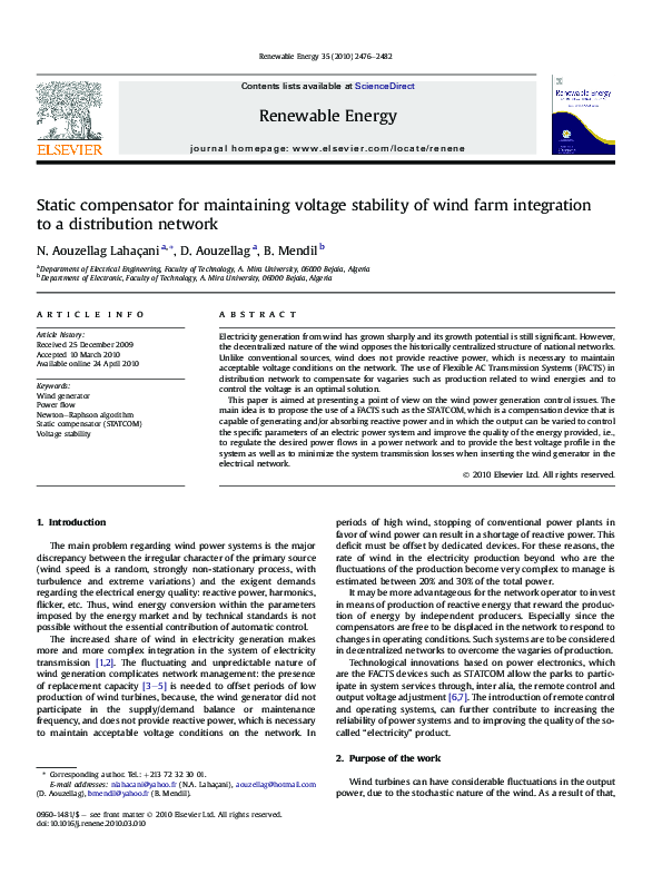 (PDF) Static compensator for maintaining voltage stability of wind farm integration to a ...