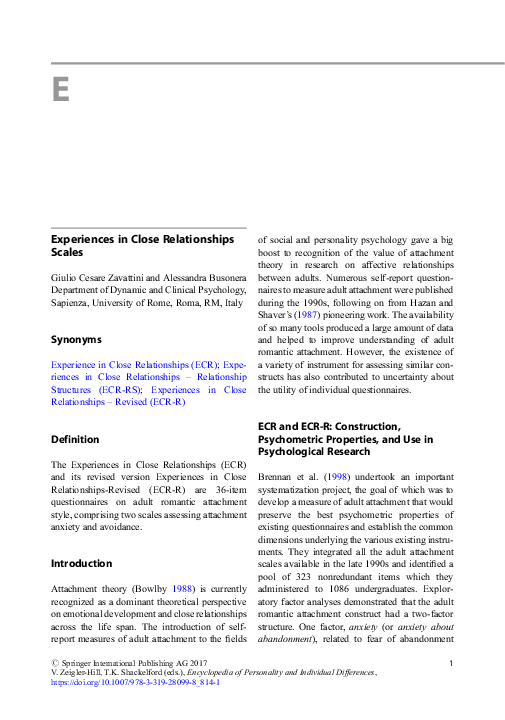 (PDF) Experiences in Close Relationships Scales