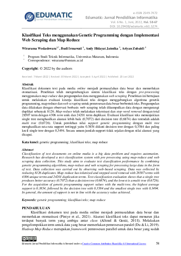 Pdf Klasifikasi Teks Menggunakan Genetic Programming Dengan Implementasi Web Scraping Dan Map