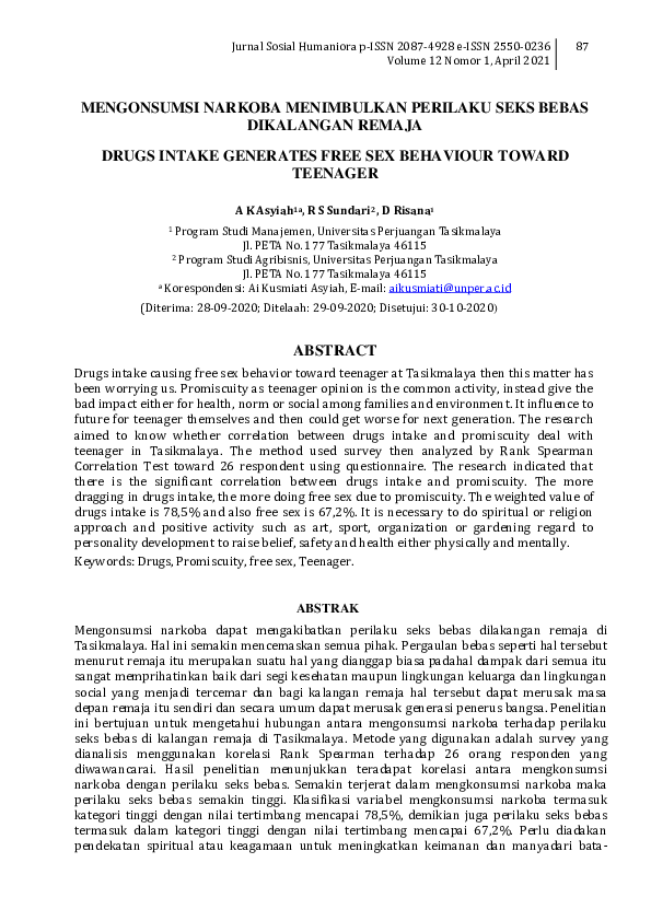 (PDF) Drugs Intake Generates Free Sex Behaviour Toward Teenager