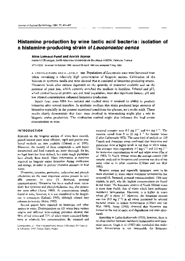 (PDF) Histamine production by wine lactic acid bacteria: isolation of a histamine ...