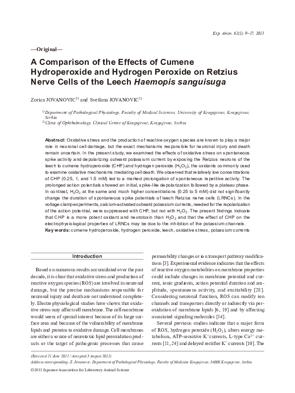 (PDF) A Comparison of the Effects of Cumene Hydroperoxide and Hydrogen ...