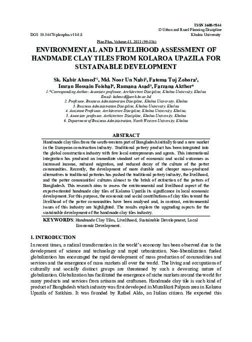 (PDF) ENVIRONMENTAL AND LIVELIHOOD ASSESSMENT OF HANDMADE CLAY TILES ...