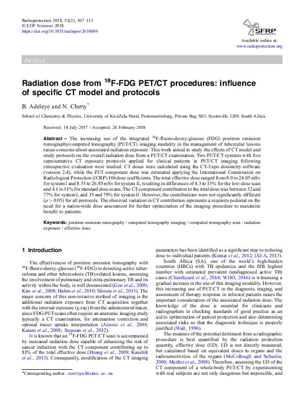 (PDF) Radiation dose from18F-FDG PET/CT procedures: influence of ...