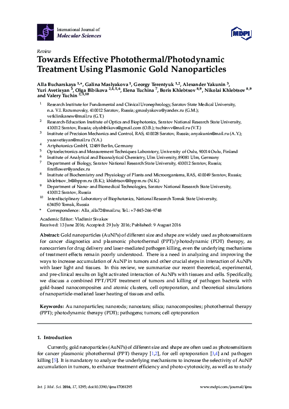 (PDF) Towards Effective Photothermal/Photodynamic Treatment Using Plasmonic Gold Nanoparticles ...