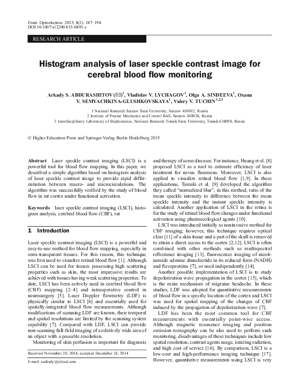 (PDF) Histogram analysis of laser speckle contrast image for cerebral blood flow monitoring