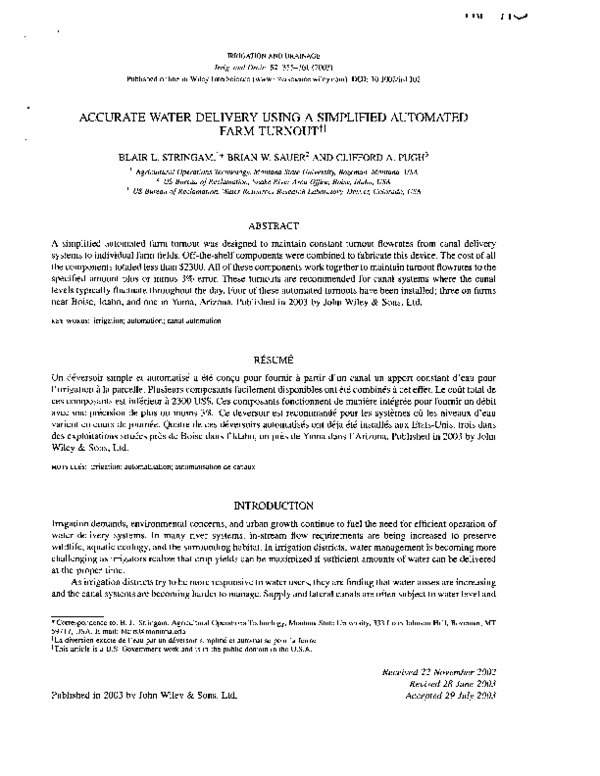 (PDF) Accurate water delivery using a simplified automated farm turnout