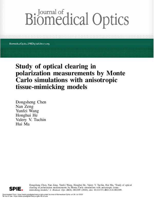 (PDF) Study of optical clearing in polarization measurements by Monte Carlo simulations with ...