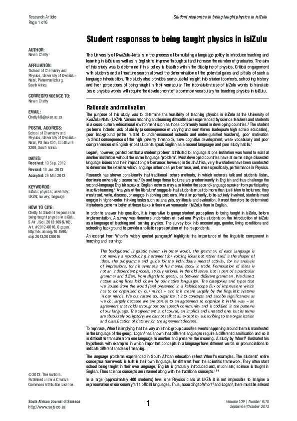 (PDF) Student responses to being taught physics in isiZulu : research ...