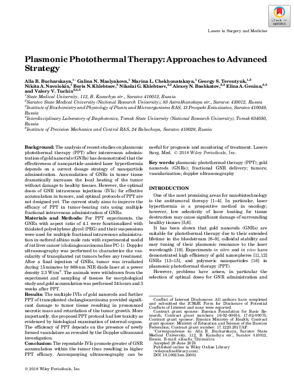 (PDF) Plasmonic photothermal therapy: Approaches to advanced strategy