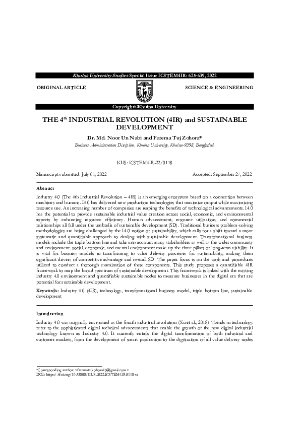 (PDF) THE 4 th INDUSTRIAL REVOLUTION (4IR) and SUSTAINABLE DEVELOPMENT