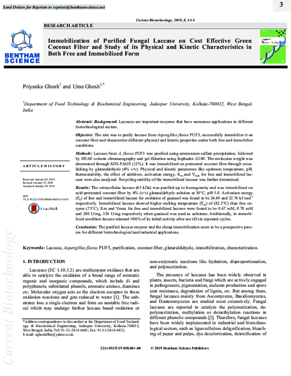 (PDF) Immobilization of Purified Fungal Laccase on Cost Effective Green Coconut Fiber and Study ...