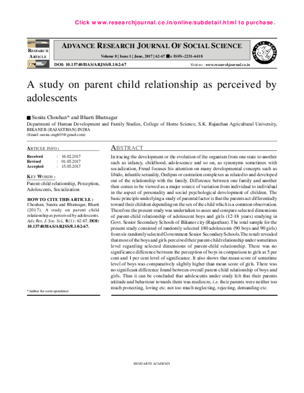 (PDF) A study on parent child relationship as perceived by adolescents