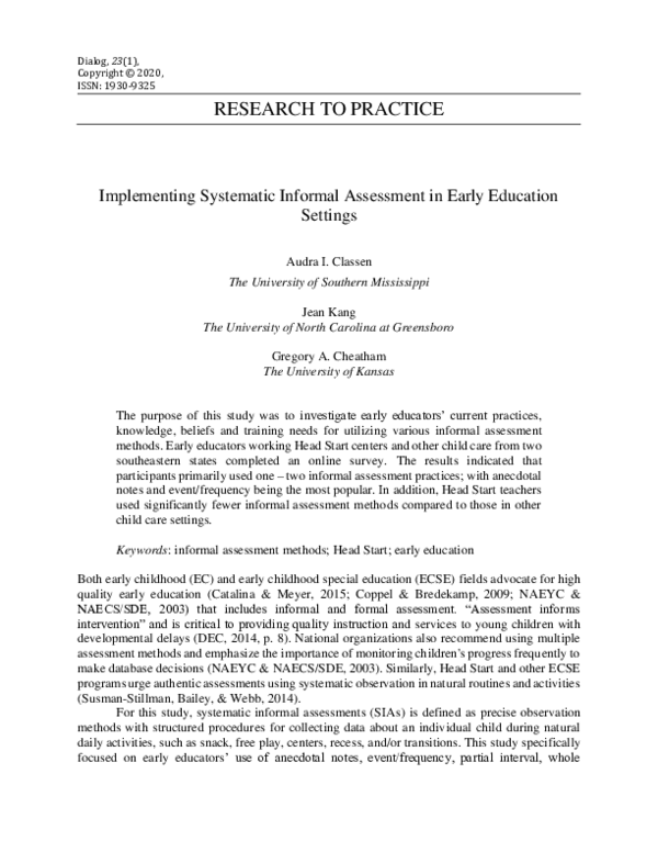 (PDF) Implementing Systematic Informal Assessment in Early Education ...