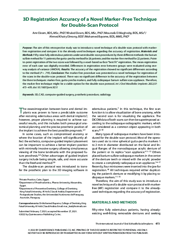 (PDF) 3D Registration Accuracy of a Novel Marker-Free Technique for ...