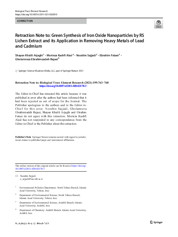 (PDF) Retraction Note to: Green Synthesis of Iron Oxide Nanoparticles ... (PDF) Retraction Note to: Green Synthesis of Iron Oxide Nanoparticles ...