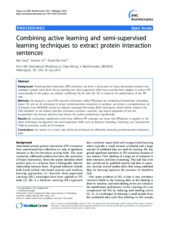 (PDF) Combining active learning and semi-supervised learning techniques to extract protein ...