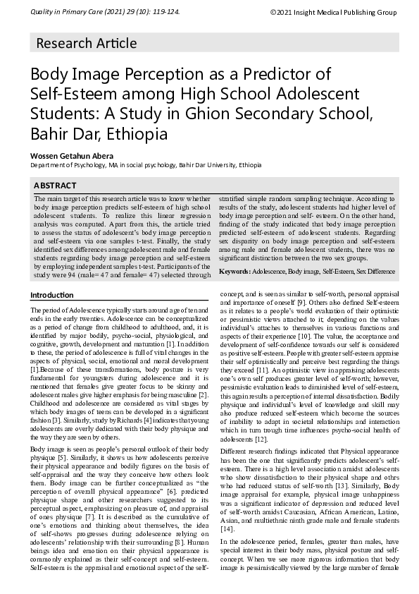 (PDF) Body Image Perception as a Predictor of Self-Esteem among High School Adolescent Students ...
