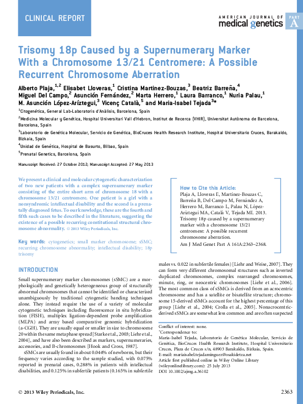 (PDF) Trisomy 18p caused by a supernumerary marker with a chromosome 13 ...