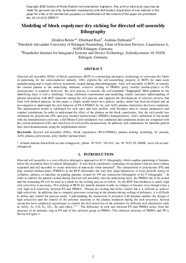 (PDF) Modeling BCP Dry Etching for DSA Lithography