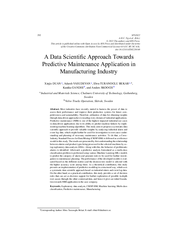 (PDF) A Data Scientific Approach Towards Predictive Maintenance Application in Manufacturing ...