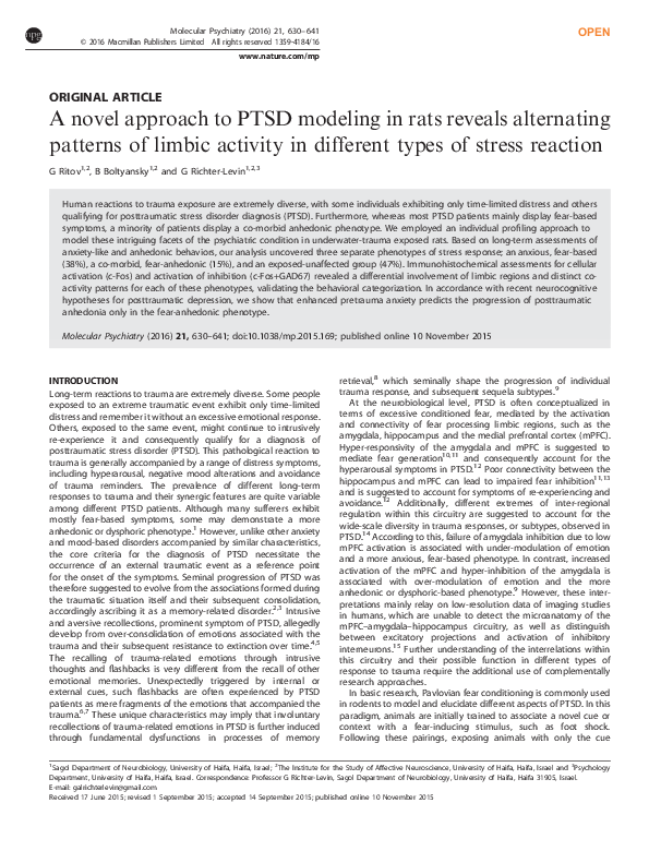 (PDF) A novel approach to PTSD modeling in rats reveals alternating ...