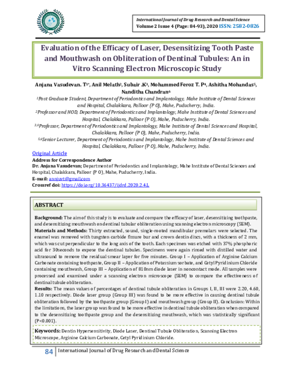 (PDF) Evaluation of the Efficacy of Laser, Desensitizing Tooth Paste ...