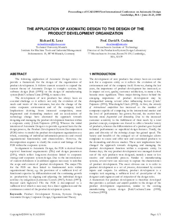 Pdf The Application Of Axiomatic Design To The Design Of The Product Development Organization