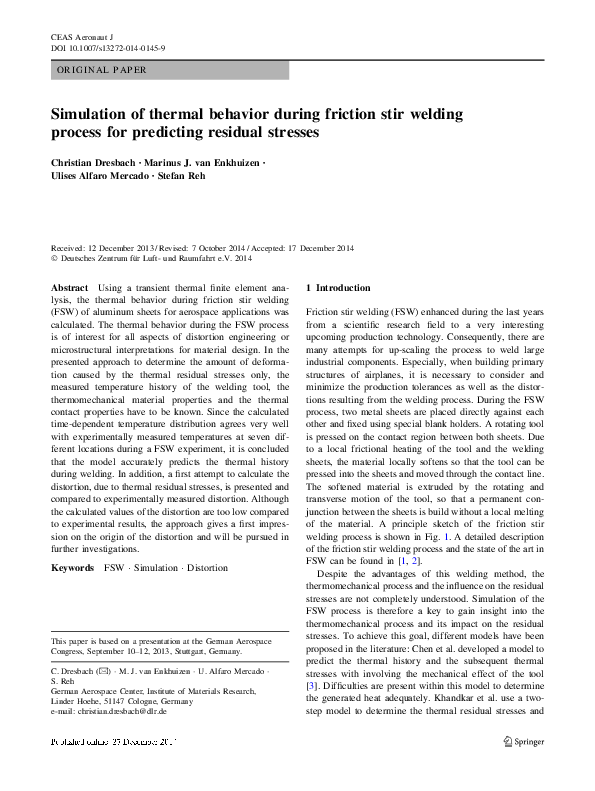 Pdf Simulation Of Thermal Behavior During Friction Stir Welding Process For Predicting