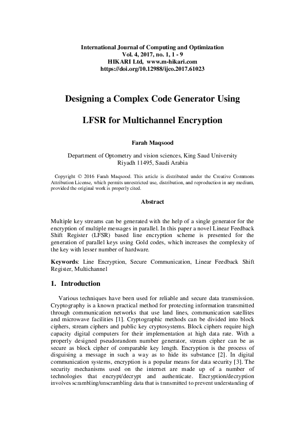 (PDF) Designing a complex code generator using LFSR for multichannel encryption