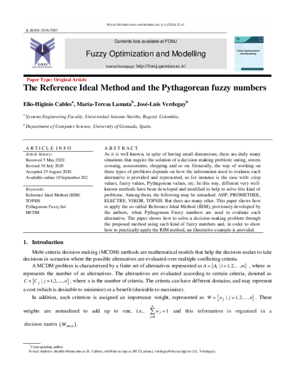 (PDF) The Reference Ideal Method and the Pythagorean Fuzzy Numbers