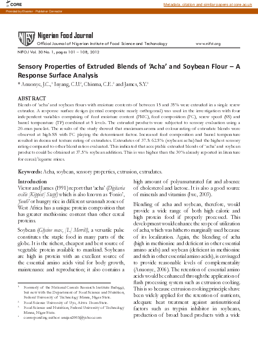(PDF) Sensory Properties of Extruded Blends of ‘Acha’ and Soybean Flour – A Response Surface ...