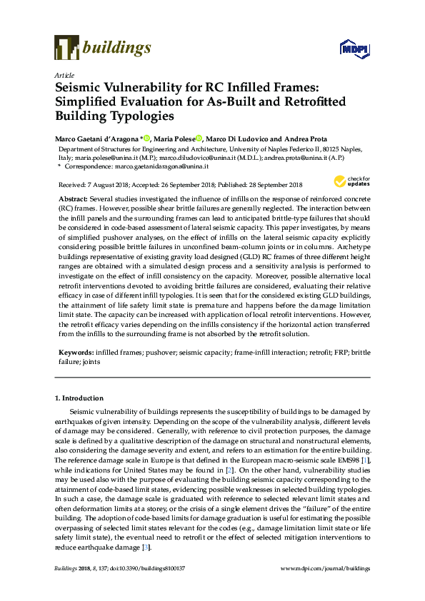 (PDF) Seismic Vulnerability for RC Infilled Frames: Simplified Evaluation for As-Built and ...