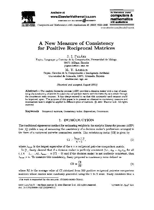 (PDF) A new measure of consistency for positive reciprocal matrices