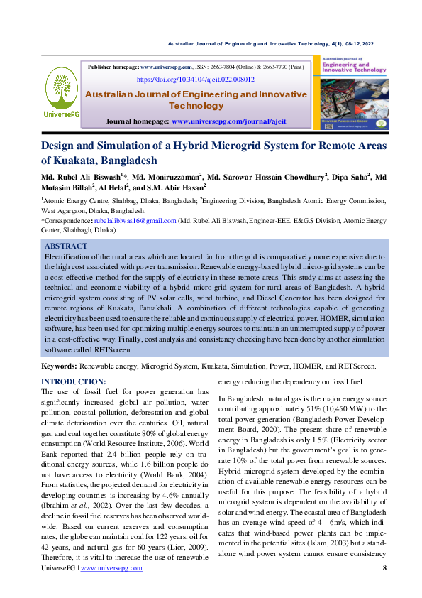 (PDF) Design and Simulation of a Hybrid Microgrid System for Remote Areas of Kuakata, Bangladesh