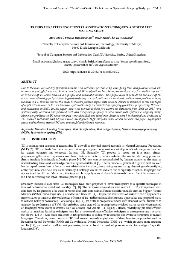 (PDF) Trends and Patterns of Text Classification Techniques: A Systematic Mapping Study