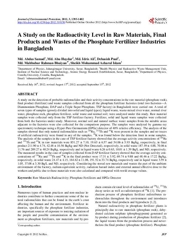 (PDF) 1 A Study on the Radioactivity Level in Raw Materials, Final ...