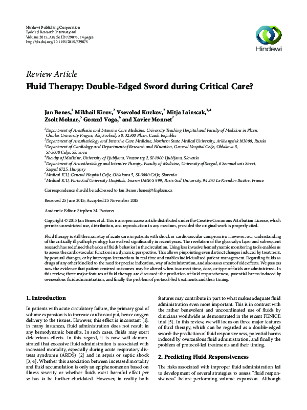 (PDF) Fluid Therapy: Double-Edged Sword during Critical Care?