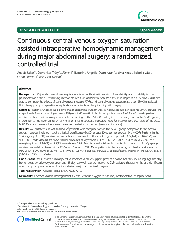 (PDF) Continuous central venous oxygen saturation assisted intraoperative hemodynamic management ...