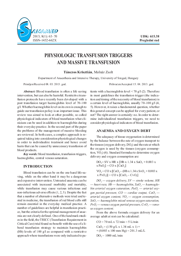 (PDF) Physiologic transfusion triggers and massive transfusion
