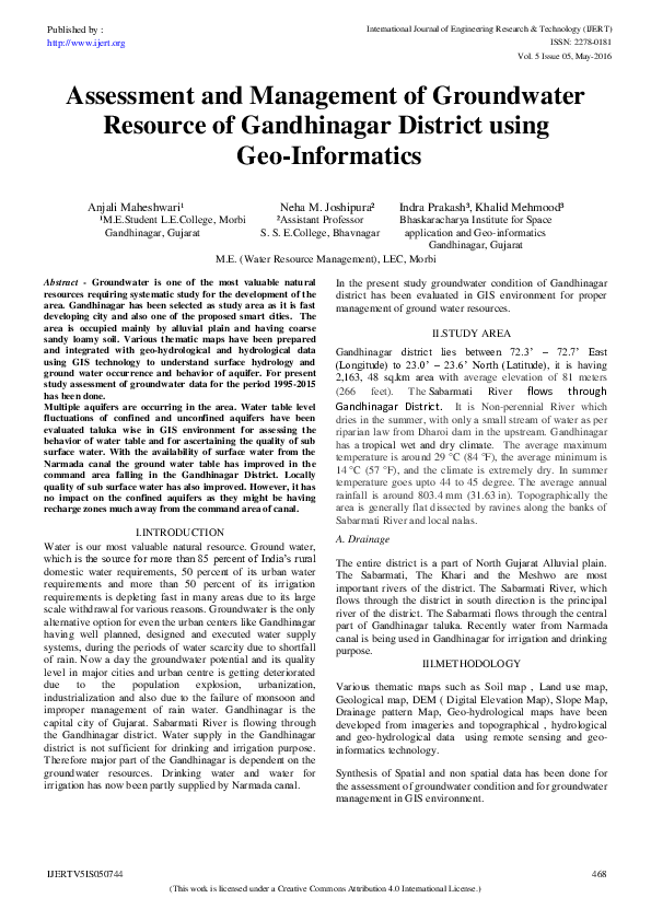 (PDF) Assessment and Management of Groundwater Resource of Gandhinagar District using Geo ...