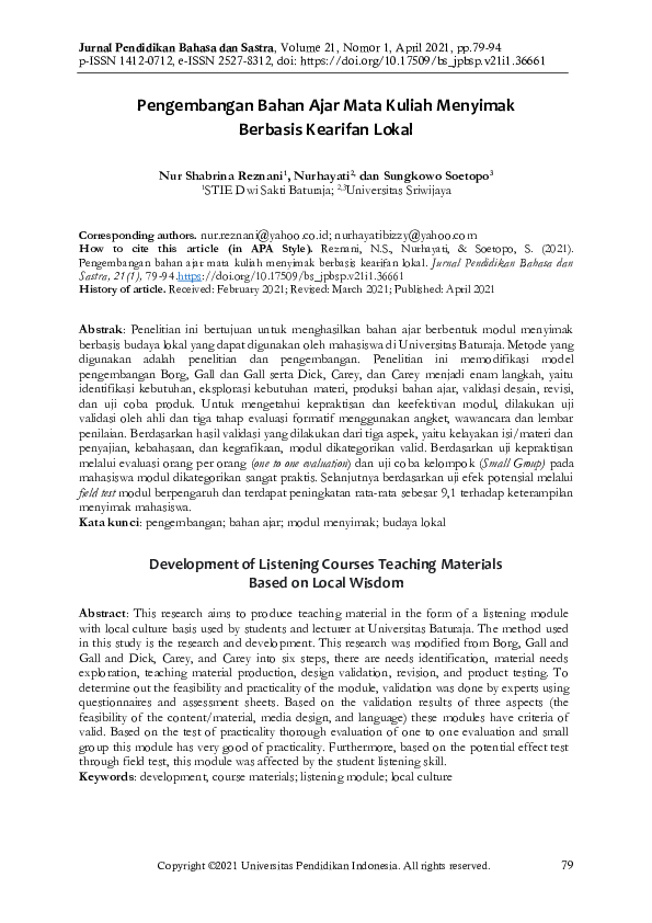 (PDF) Pengembangan Bahan Ajar Mata Kuliah Menyimak Berbasis Kearifan Lokal