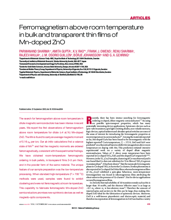 (PDF) Ferromagnetism above room temperature in bulk and transparent thin films of Mn-doped ZnO