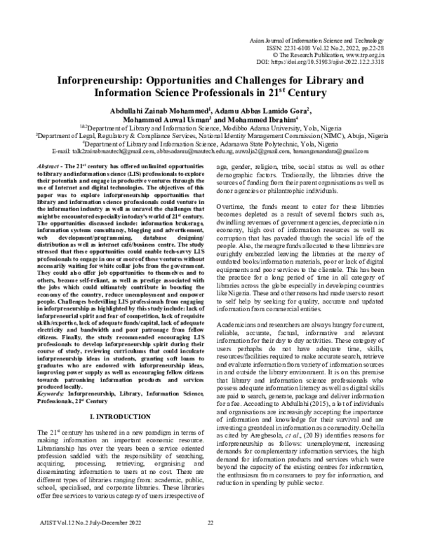(PDF) Inforpreneurship: Opportunities and Challenges for Library and ...