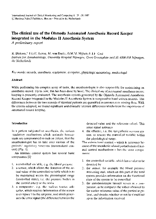 (PDF) The clinical use of the Ohmeda Automated Anesthesia Record Keeper integrated in the ...
