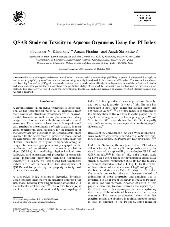 (PDF) QSAR study on toxicity to aqueous organisms using the PI index