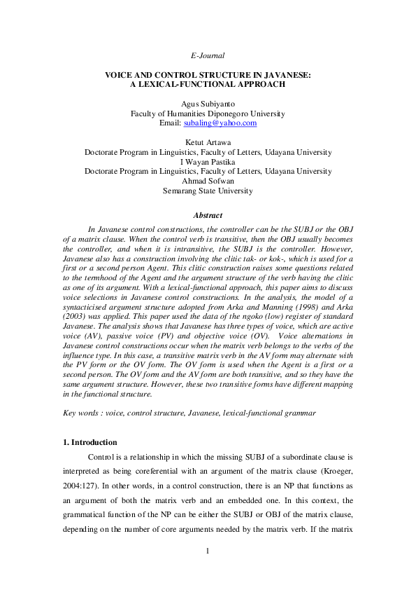 (PDF) Voice and Control Structure in Javanese: A Lexical-Functional Approach