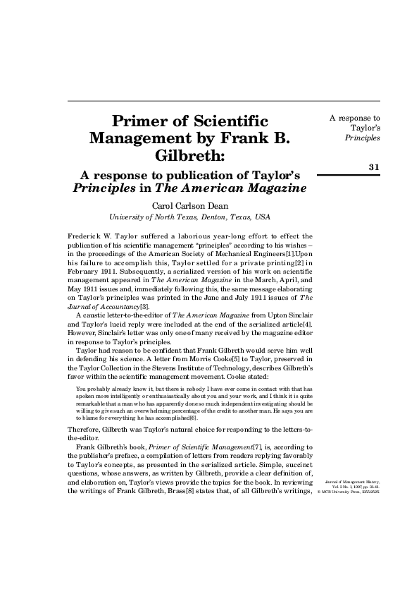 (PDF) Primer of Scientific Management by Frank B. Gilbreth: A response ...