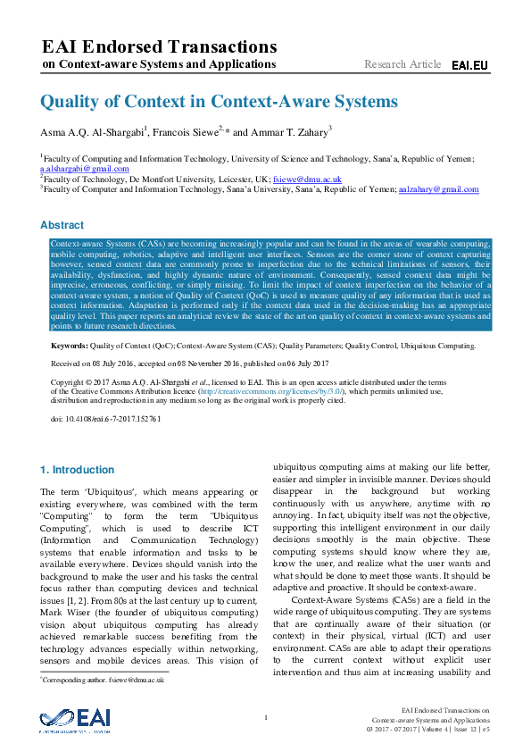 (PDF) EAI Endorsed Transactions on Context-aware Systems and Applications Research | Dr. Asma Al ...